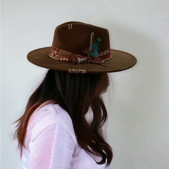 Accessories | Rich Brown Feathers Wide Brim Western Fedora Hat New ...